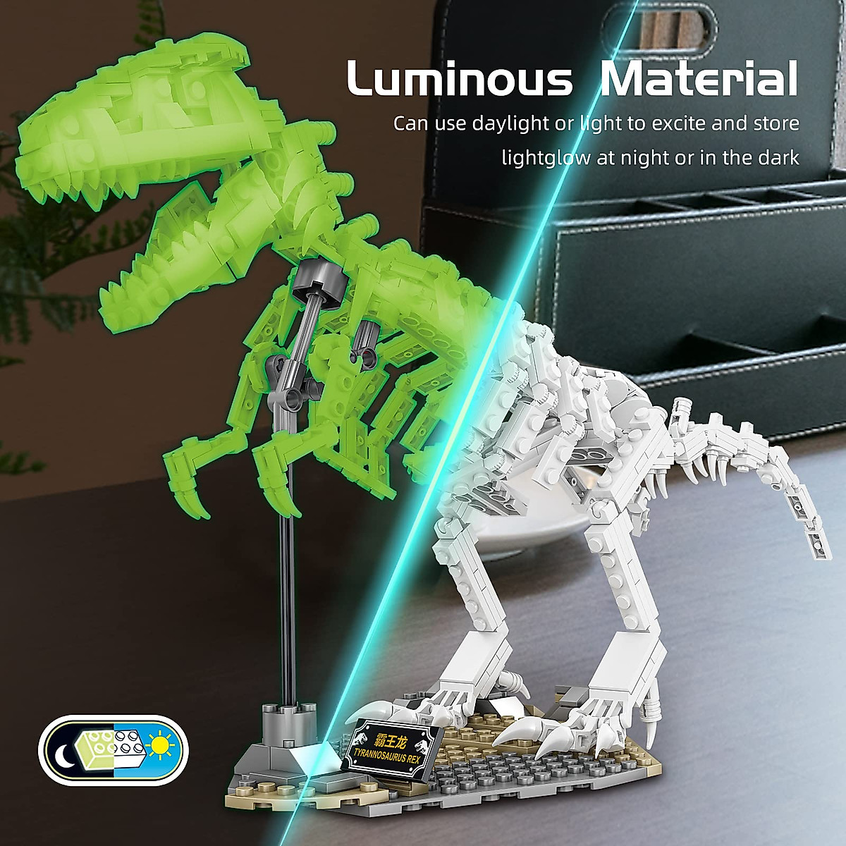 NEWABWN Dinosaur Luminous Building Toys for Kids 8-14,Triceratops Glow in The Dark, Use Sunlight/Lights to Store Energy,Shine at Nnight/Dark Places