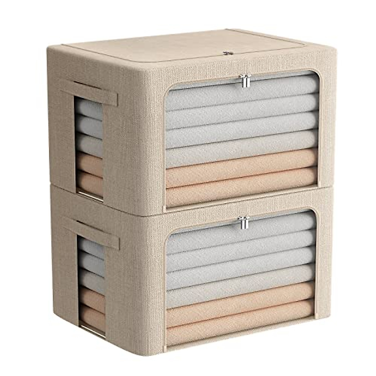 2 Pack Clear Window Storage Bins - Foldable Fabric Storage Bins Boxes for Clothes - Stackable Box Organizer Set with Carrying Handles (Beige, 22L,15.7X 11.8X 7.8 Inch)