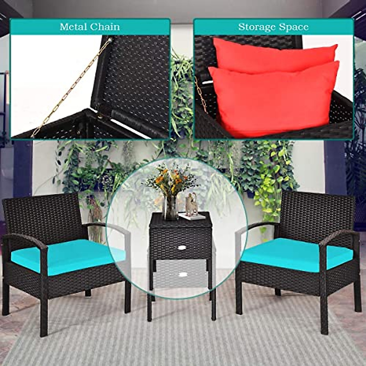 DORTALA 3 Pieces Outdoor Wicker Bistro Set, Rattan Sofa Set with Washable & Thick Cushion, Coffee Table with Storage Space, Great for Porch Garden Poolside Balcony, Turquoise