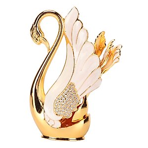 GLOGLOW Swan Base Holder, Innovative Gold Smoother Edges Swan Base Holder Coffee Dinnerware Set with Forks Spoons for Bistros Bars Amily (Golden White Spoons)