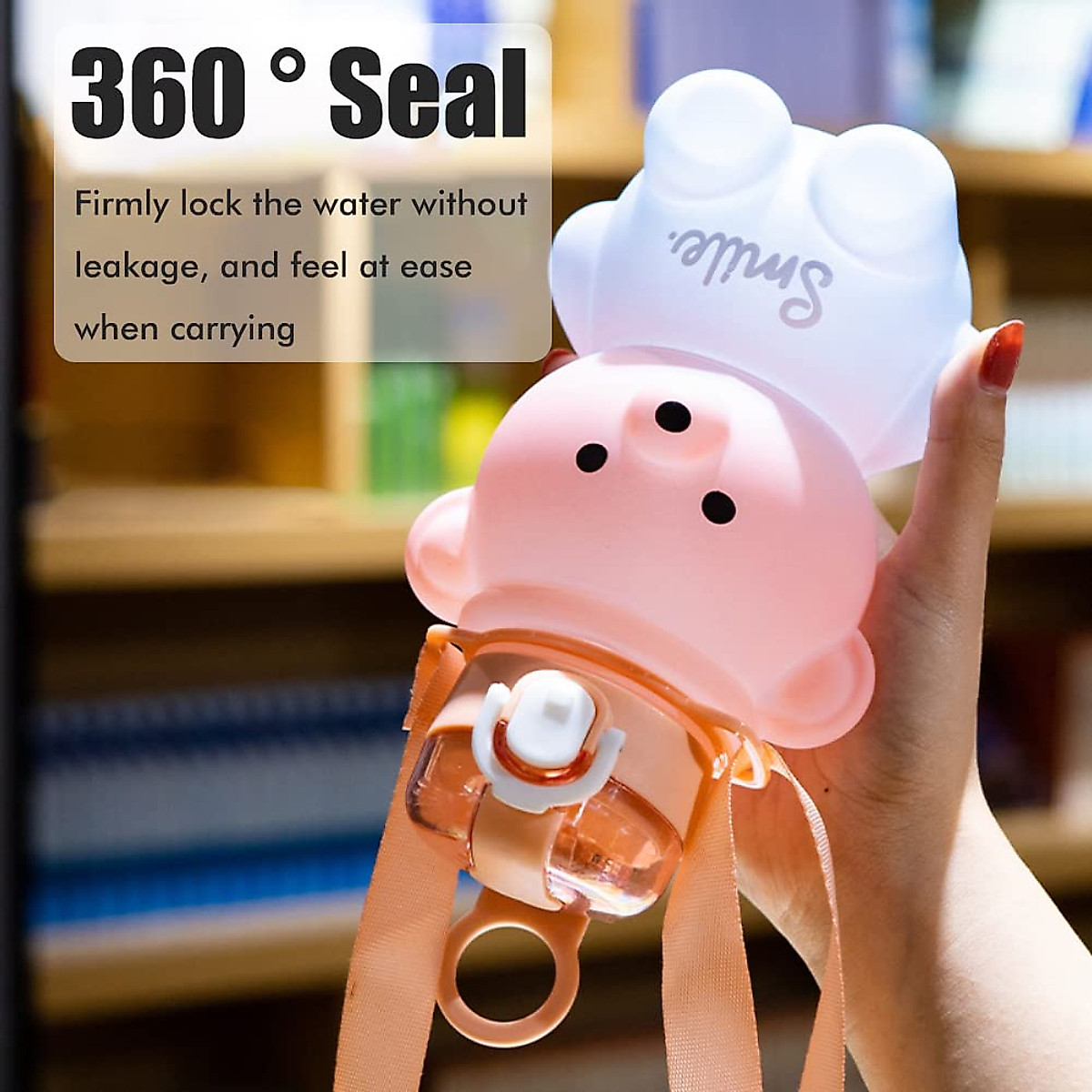 OHEPFD Cute Kawaii Bear Straw Bottle, Cartoon Gradient Water Bottle Portable Water Jug Leak-Proof with Shoulder Strap for Kids Gradient Pink Blue 800mL