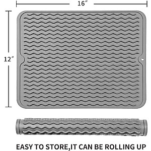 Better-Love Silicone Dish Drying Mat for Multiple Usage,Coffee Mat,Easy clean,Eco-friendly,Heat-resistant Silicone Mat for Kitchen Counter or Sink,Refrigerator or Drawer liner Grey L 16x12 inches