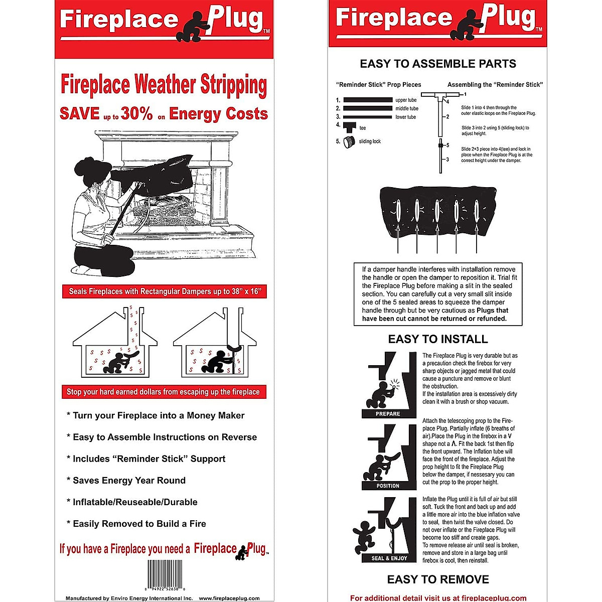Fireplace draft stopper (large plug - fits most masonry fireplaces with dampers up to 38x16")