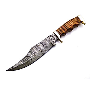 Skokie Knives Custom Hand Made Damascus Steel Hunting Knife Handle Leather Stacked with Brass Spacer (Stacked)