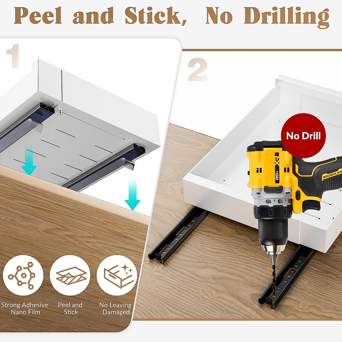 HBL' 1 Pack | 16.9" Deep Pull Out Cabinet Drawer Organizer Adhesive, (12" to 20") Width Expandable Carbon Steel Roll-Out Drawers for Face Frame or Frameless Cabinets,Slide-Out Shelves for Pantry.