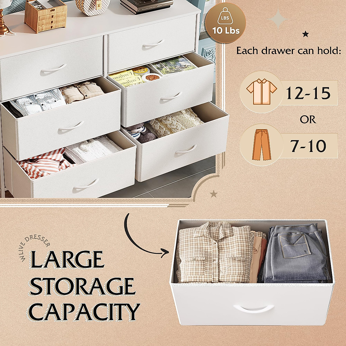 WLIVE Wide Dresser with 6 Drawers, TV Stand for 50" TV, Entertainment Center with Metal Frame, Wooden Top, Fabric Storage Dresser for Bedroom, Hallway, Entryway, White