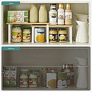 SONGMICS Kitchen Counter Organizers and Cabinet Shelves Bundle, Set of 4 Expandable Kitchen Cabinet Shelves, Metal and Bamboo, Black, Natural, and White UKCS02NB and UKCS02NW