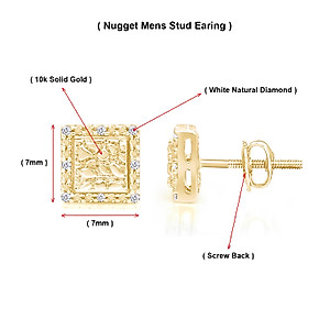 Round Natural White Diamond, Accents Square Shape Nugget Men's Studs Earrings in 10k Solid Yellow Gold (0.05 cttw) Screw Back Earring's gift for men's