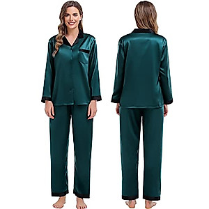 SWOMOG Silk Pajamas Set Women Long Sleeve Satin Sleepwear Loose Long Pants Loungewear Couples Pjs Set for His and Her Deep Green