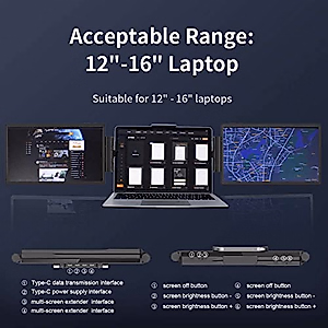 Saterkali Swivel 12 Inch Attachable Portable Monitor for Laptop, 16:9 H D-Compatible IPS Dual Triple Monitor Screen Extender for 13 to 16-inch Laptops Black