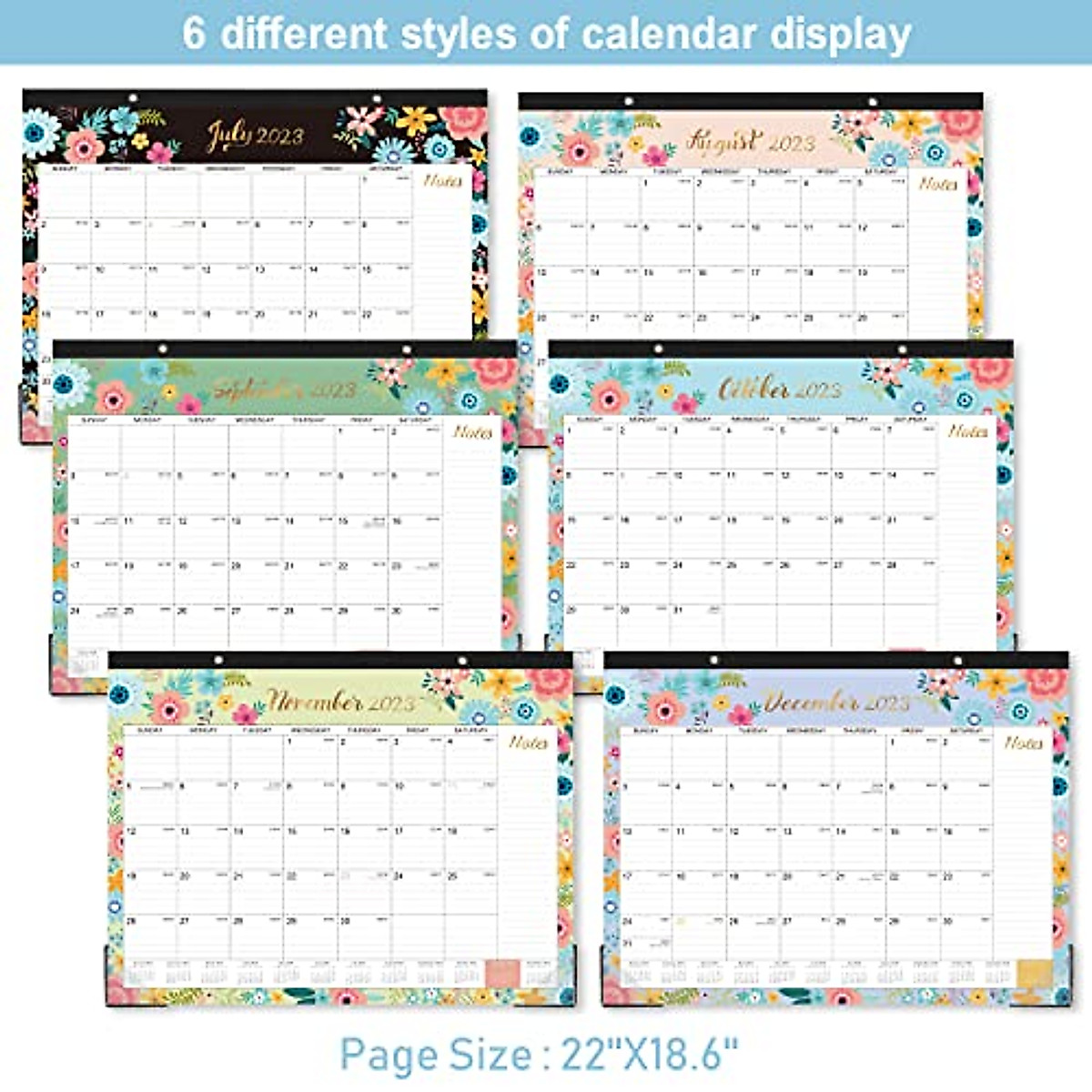 Desk Calendar 2023-2024 - Large Desk Calendar 2023-2024, Jul. 2023 - Dec. 2024, 22" x 17", Thick Paper with 18 Months, Corner Protectors, Large Ruled Blocks & 2 Hanging Hooks - Black Floral