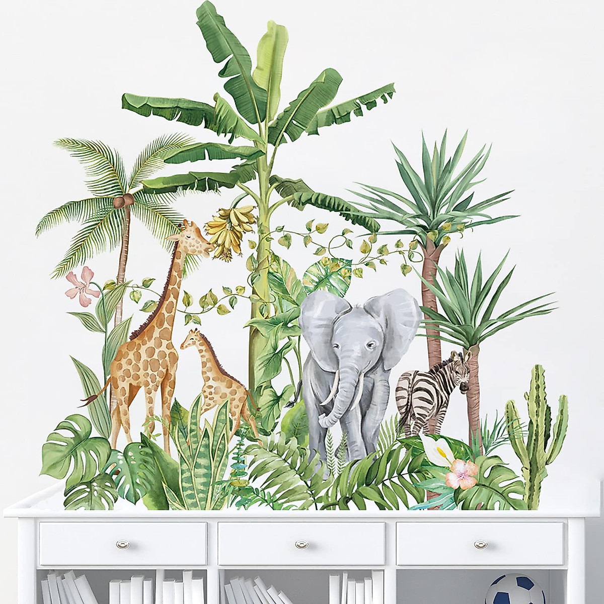 Runtoo Tropical Jungle Animal Wall Decals Giraffe Elephant Plants Wall Stickers Kids Room Bedroom Wall Decor