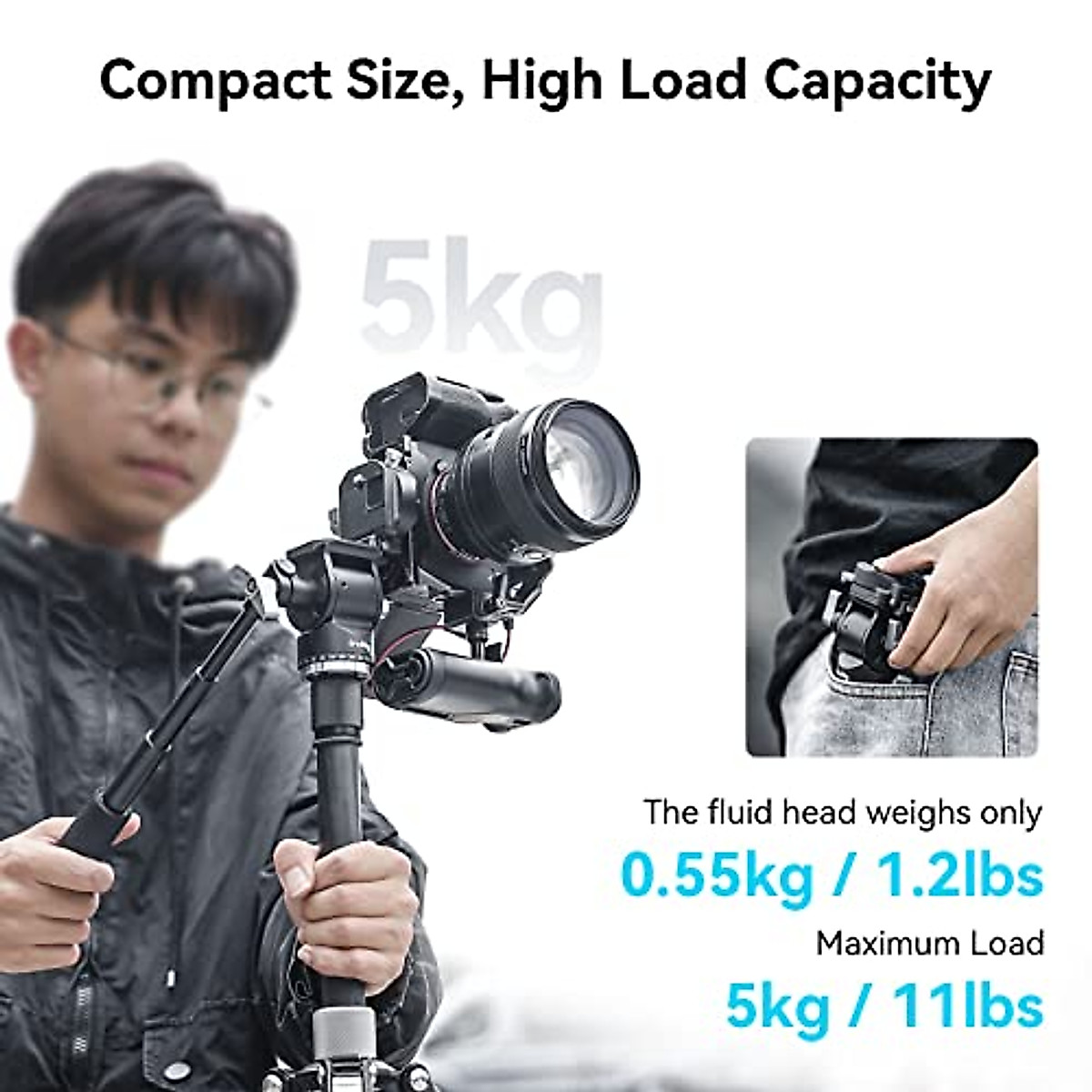 SmallRig Video Head for Vertical/Horizontal Shooting, Tripod Pan Tilt Fluid Head with Telescopic Handle and Switchable QR Plate for Arca, Max Load 5kg / 11Ibs for Camcorder, Mirrorless, DSLR - 4104