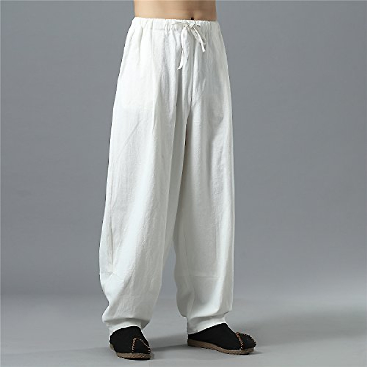 LZJN Men's Linen Drawstring Pant with Elastic Waistband (White, XL)