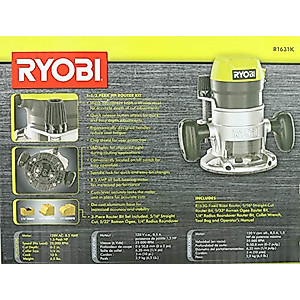 Ryobi R1631K 1-1/2 Peak HP 8.5 Amp LED Lit Corded Router Including 3 Piece Bit Set (w/ Tool Bag)