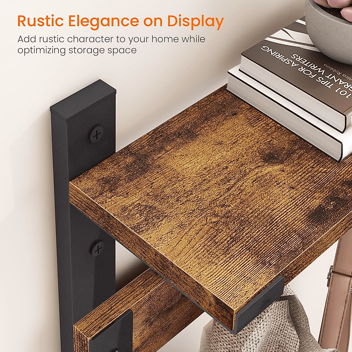 Homode Coat Rack Wall Mount, 29 Inch Long Shelf with Hooks, Wood Entryway Shelf with 5 Hangers for Hanging Hat Jacket Backpack Purse, Rustic Brown Black