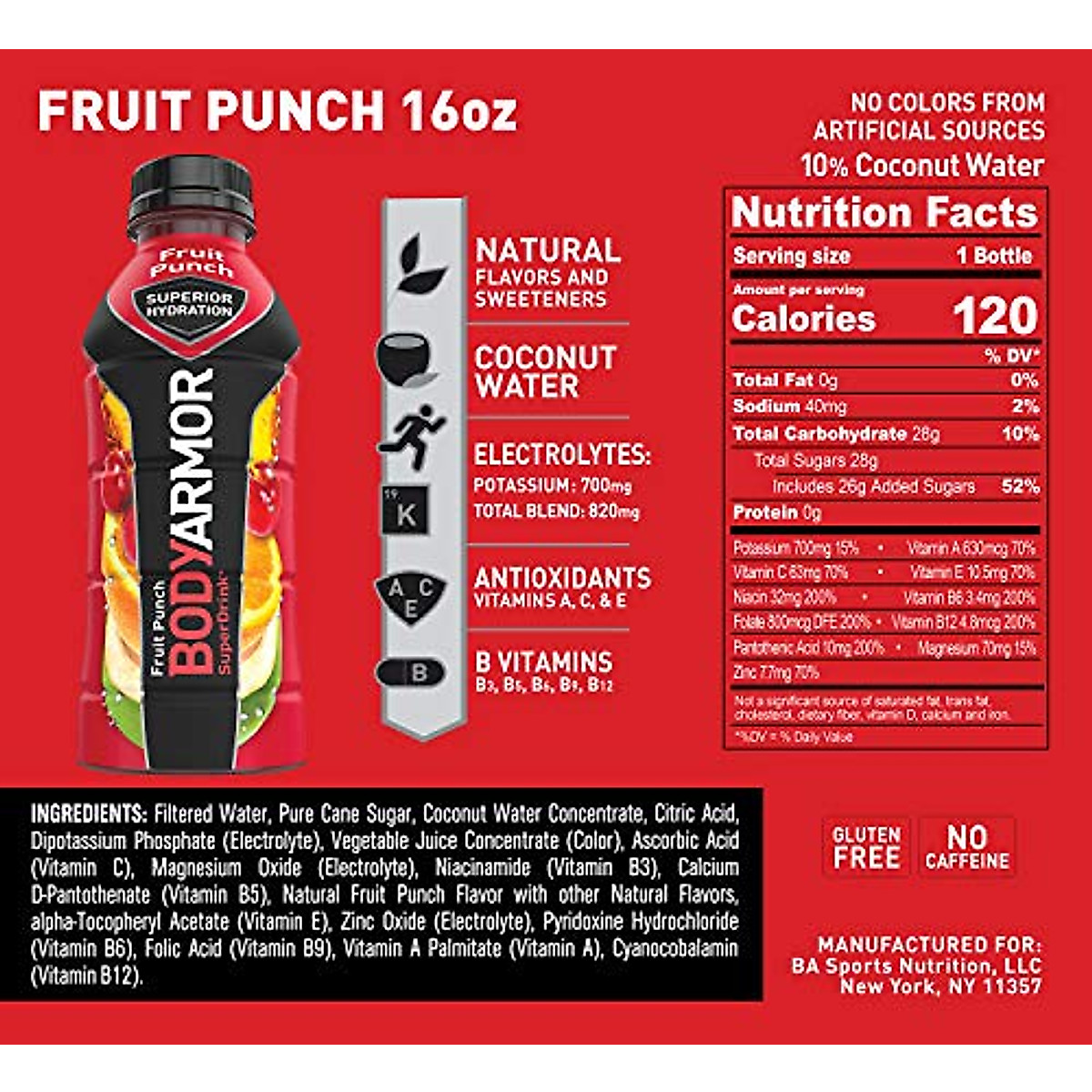 BODYARMOR Sports Drink Sports Beverage, Fruit Punch, Natural Flavors With Vitamins, Potassium-Packed Electrolytes, Perfect For Athletes, 16 Fl Oz (Pack of 12)