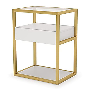 LITTLE TREE Modern Gold White Nightstand with Drawer and Storage Shelf, Bedside Chair Side End Table for Bedroom, Living Room