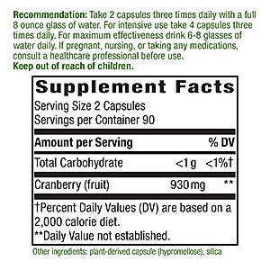 Nature's Way Cranberry Fruit, Urinary Tract Health Support* Supplement, 930 mg per serving, 180 Capsules