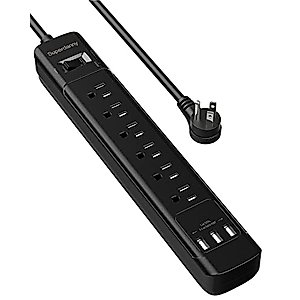 Power Strip with USB, ETL Listed, SUPERDANNY Surge Protector (2100J), Flat Plug Extension Cord 5ft 15A 1875W, 6 Outlets 3 USB Ports, Wall Mount, Safety Covers for Home Office Garage Kitchen, Black