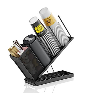 Dunatou Cup and Lid Holder, Adjustable Coffee Cup Holder Organizer, 4 Compartment Coffee Cup Dispenser, straw dispenser for Countertop Coffee Station Bar Office Breakroom, Black