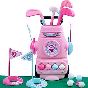 Hapinest Girl Toddler Golf Set, Mini Golf Set for Kids Girls Golf Clubs 8 Balls, 4 Clubs Putting Green Holes Bag Tees & Flags, Outdoor/Indoor Kids Golf Set Toy, Kids Golf Clubs 3-5 Years Old