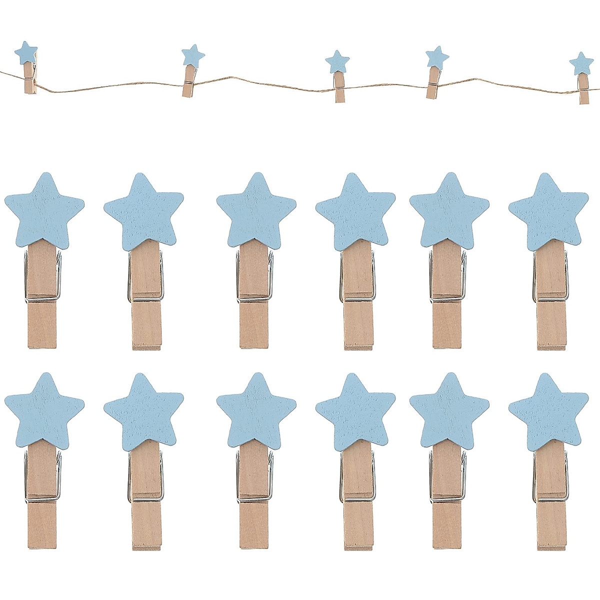 HEALLILY 100pcs Mini Wooden Clothespins Star Shape Wall Hanging Photo Clips Picture Pegs Craft Clips with Hemp Rope Blue