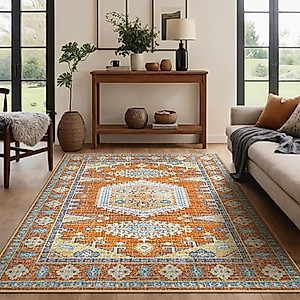 Kokia Area Rugs Living Room 9x12 Ultra-Thin Washable Orange Large Area Rug Dining Room Geometric Tribal Distressed Lightweight Foldable Carpet for Dining Room Home Office, Solani Orange-1