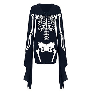 CRNTCEM Halloween Gothic Dress for Women Bat Sleeves Skull Print Vampire Gown Sexy Wrap Slim V-Neck Luxurious Skirt Steampunk Masquerade Ball Gown Cosplay Renaissance Dress Navy
