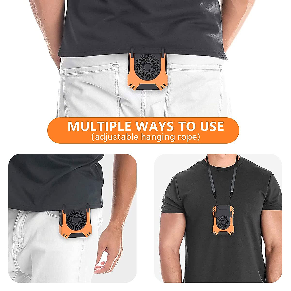 Cof 4-in-1 Waist Clip on Fan Portable Personal Fan, USB Mini Necklace Fan, 3 Speeds, 5000mAh Rechargeable Battery Operated Fan for Outdoor Camping with LED SOS Function