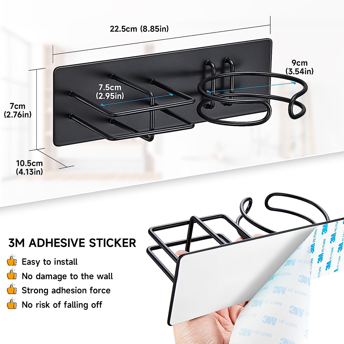 Hair Dryer Holder Wall Mount, Hair Straightener Holder Hairdryer Holder for Bathroom, Blow Dryer Holder Black, Hair Tool Organizer, Stainless Steel Hair Dryer and Curling Iron Holder for Vanity Salon