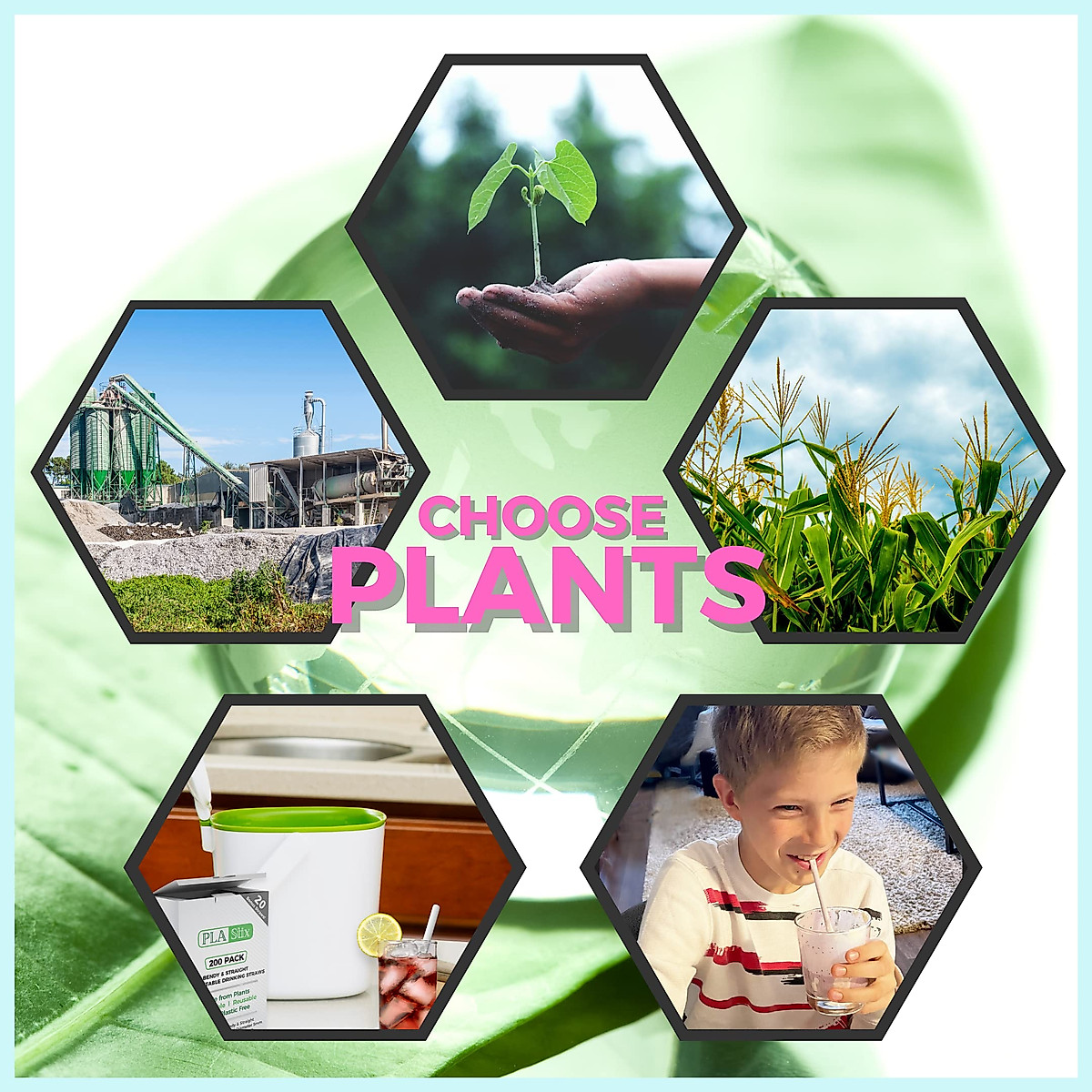 PLA Stix Compostable Drinking Straws - 200 [+20] White Disposable Straws: Bendy + Straight, 7 Inch Non-Plastic Reusable Straws made from Plants