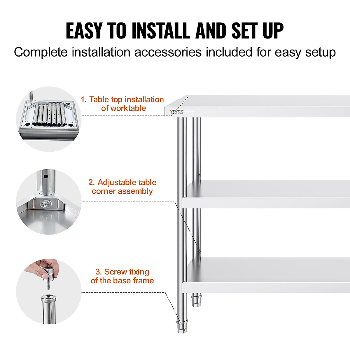 VEVOR Stainless Steel Food Prep Table, 14 x 60 x 34 Inch Commercial Kitchen Worktable, with 2 Adjustable Undershelf, Heavy Duty Prep Table Metal Work Table for BBQ, Kitchen, Home, and Garage