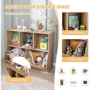 Nightcore 5-Cubby Toy Storage Cabinet, Toy Storage Organizer with Anti-Toppling Kits, Kids Bookcase & Bookshelf, Toy Storage Cubby for Playroom, Bedroom, Nursery & School (Natural)