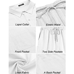 COOFANDY Men Casual Linen Shirt and Short Two Piece Drawstring Elastic Waist Short White