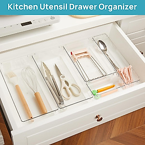 Vtopmart 27 PCS Clear Plastic Drawer Organizers Set, 5-Size Bathroom and Vanity Drawer Organizer Trays, Acrylic Storage Bins for Makeup, Kitchen Utensils, Gadgets, Large Size Office Desk Organizers