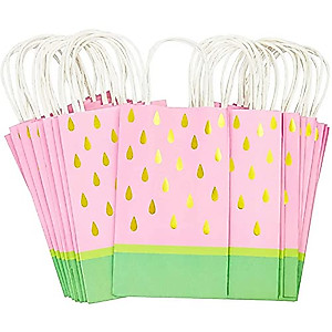 Watermelon Birthday Party Favor Gift Bags with Handles (9 x 5 x 3 in, Pink with Gold Foil)