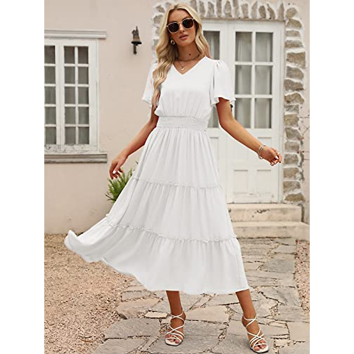 LILLUSORY Womens Midi Dresses 2023 Summer Short Sleeves Flowy Tiered Long Maxi Dress White