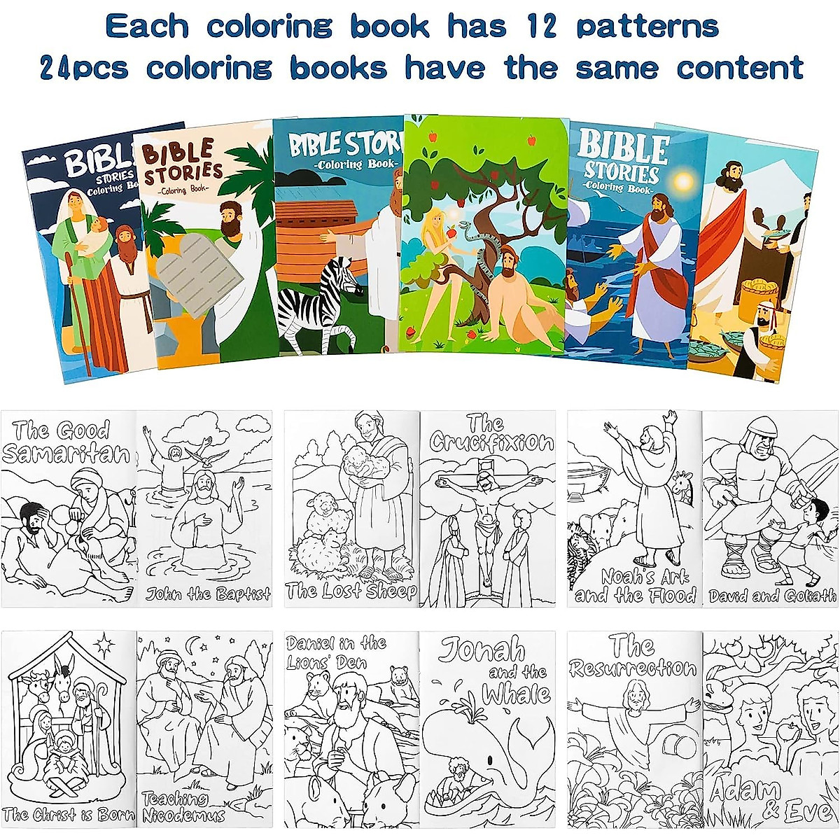 Haooryx Christian Bible Stories Coloring Books 24PCS Mini Booklets Crafts for Kids DIY Art Drawing Book with Jesus Angels Church Fun Holiday Presents Classroom Games Prizes Party Bag Fillers