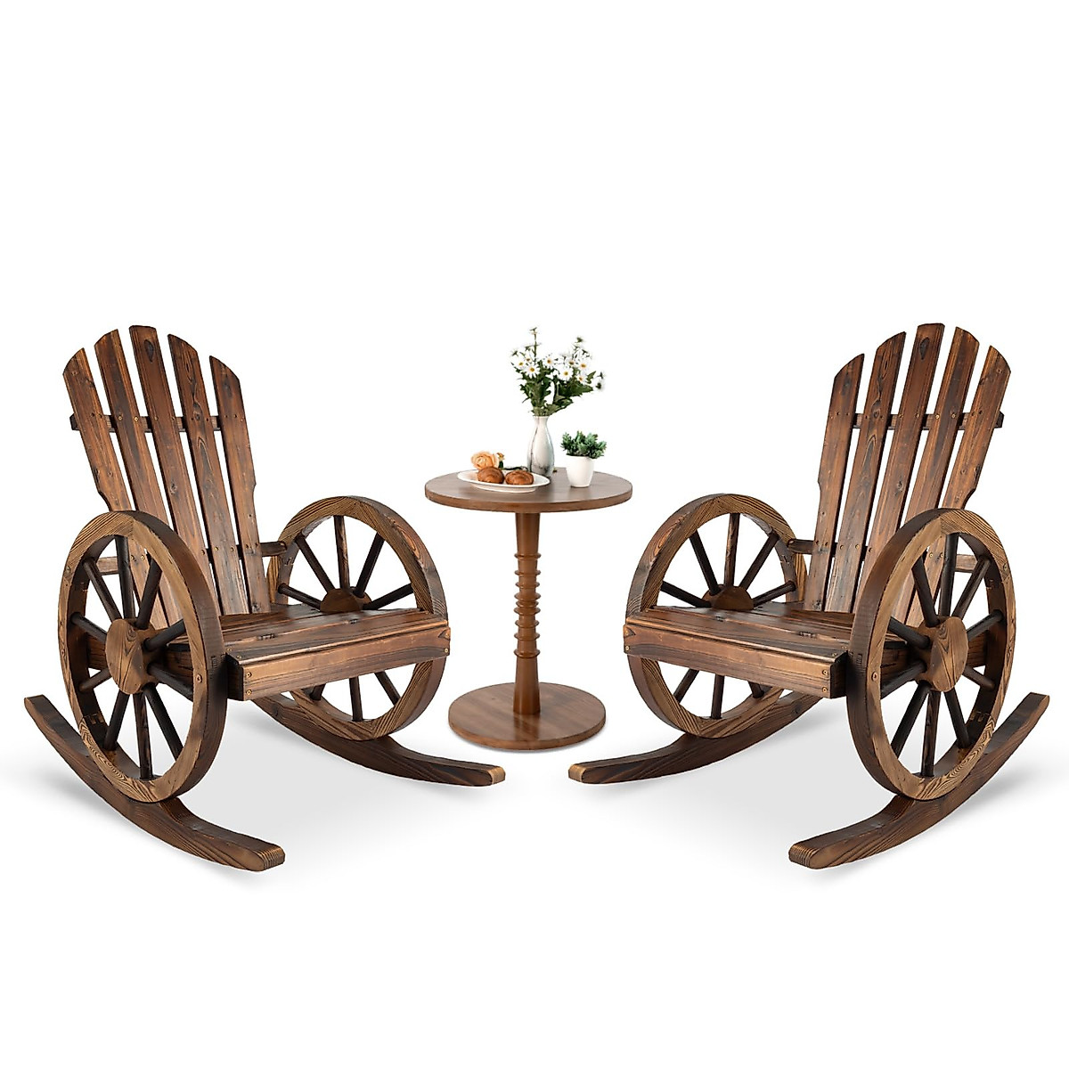 FURNDOOR Wooden Wagon Wheel Rocking Chair Set, 3PCS Outdoor Rocking Bistro Set Rustic Rocker with Coffee Table for Backyard Porch Poolside Lawn