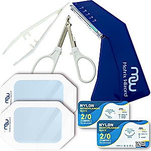 Sterile Sutures Thread with Needle, Disposable Stapler and Wire Remover Instrument Plus Waterproof Adhesive Film- Emergency Survival First Aid Field Practice, Wound Tactical Demo, Vet Clinic Use