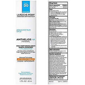 La Roche-Posay Anthelios 100% Mineral Sunscreen Moisturizer with Hyaluronic Acid, Broad Spectrum SPF 30 Face Sunscreen with Zinc Oxide & Titanium Dioxide, 1.7 fl. oz.