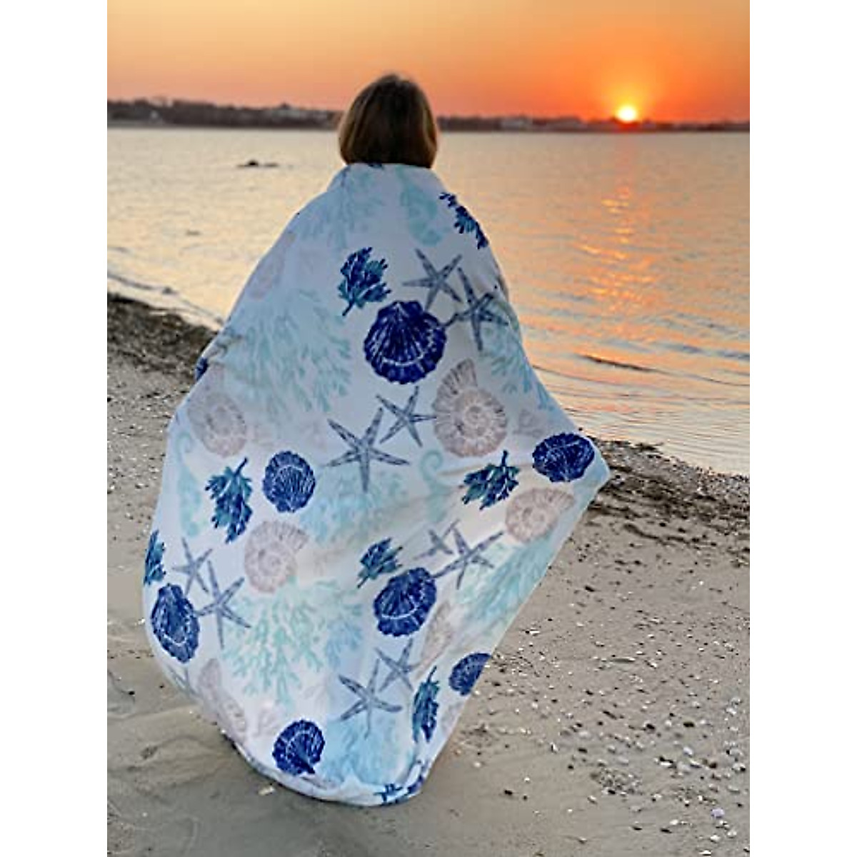 Ocean Life Coastal Throw Blanket: Soft Plush Velvet Fleece Calming Hues of Blues Beige on White, Accent for Sofa Couch Chair Bed or Dorm (Coastal Shells)