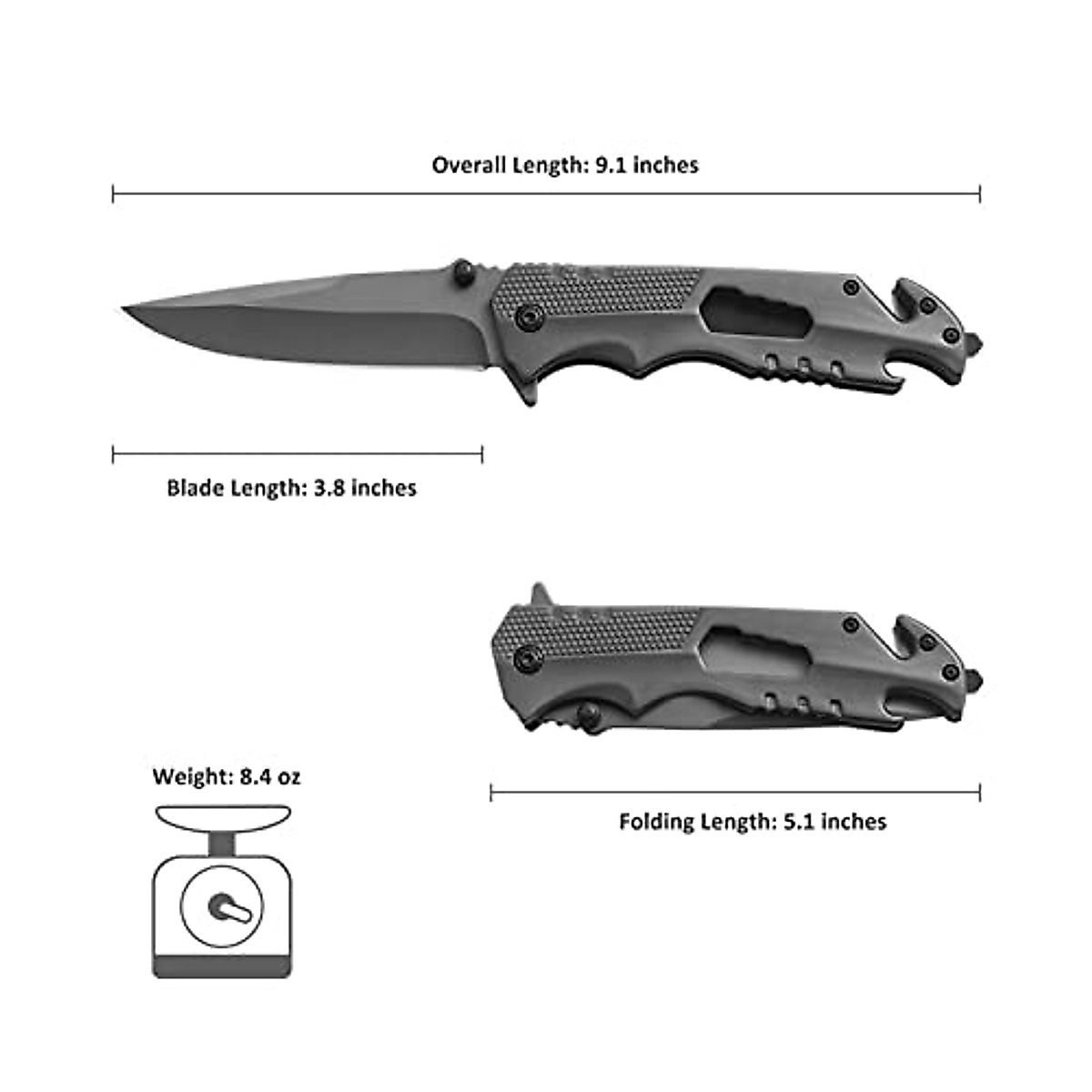 Link Knife Pocket Knife 5-in-1 Large Blade Cutting, Bottle Opener & No. 4 Wrench,Seatbelt Cutter, Glass Breaker for Emergencies, with Liner-Lock, Clip,Multifunctional Folding Knife, Gray