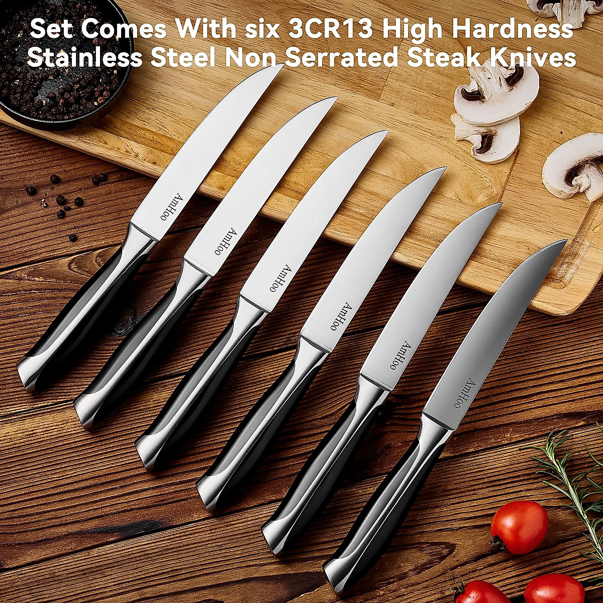 AmHoo Steak Knives Set of 6 Non Serrated 5-inch High Carbon Stainless Steel Ultra Sharp ABS Handle