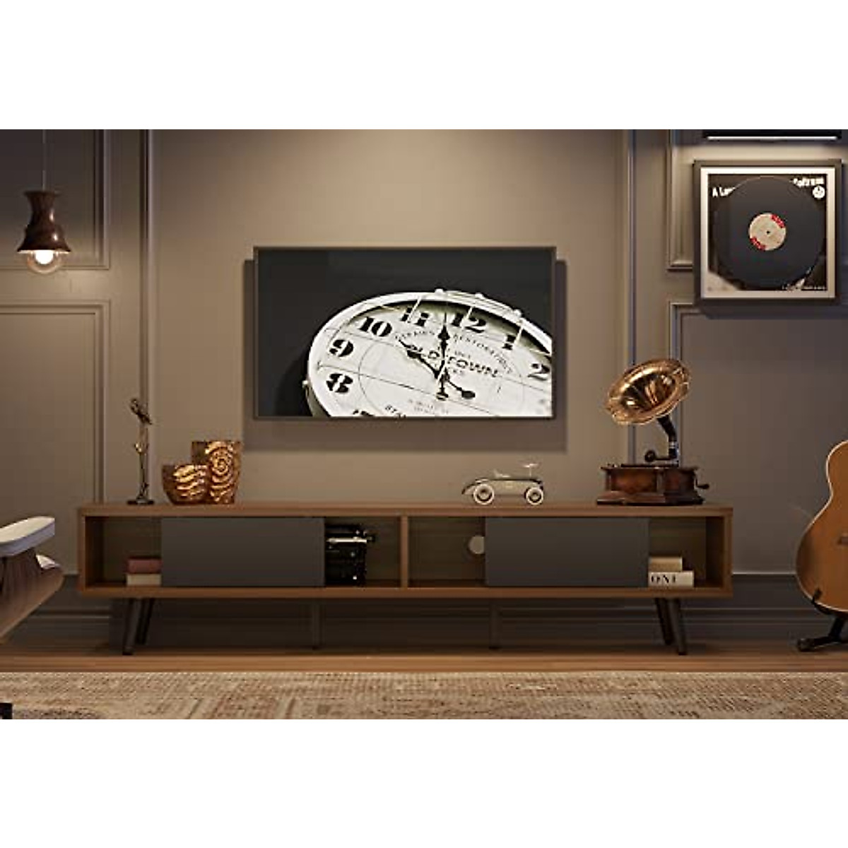 Bestier 70 inch Mid Century Modern TV Stand for 75 inch TV, Low Profile TV Stand with Storage, Entertainment Center for Living Room, Cord Management, Walnut