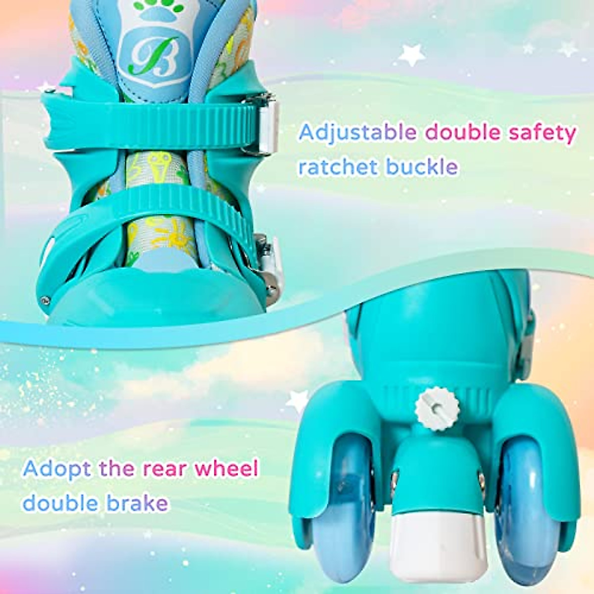 MammyGol Roller Skates for Girls Kids, 4 Size Adjustable Rainbow Quad Skates with All Light Up Wheels for Toddlers Boys Outdoor Indoor