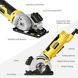 ENVENTOR Mini Circular Saw, 4.8A Electric Circular Saw Corded with Laser Guide, 4000RPM, 3 Saw Blades 3-3/8" Max Cutting Depth 1-1/16", Compact Hand Saw for Wood, Soft Metal, Tile, Plastic Cuts