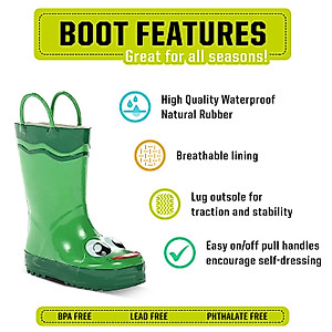 Western Chief Boys Waterproof Printed Rain Boot with Easy Pull on Handles - Fritz the Frog, 4 M US Big Kid