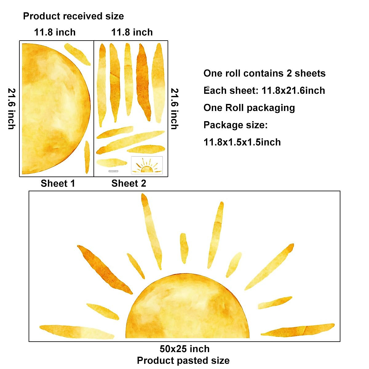 𝔻𝕦𝕠𝕔𝕙𝕖𝕖𝕣 (𝟓𝟎''𝐗𝟐𝟓'') Half Sun Wall Decal Extra Large Boho Sun Wall Decals Peel and Stick Removable Sunshine Wall Stickers for Bedroom Decor Nursery Decor Playroom Decor